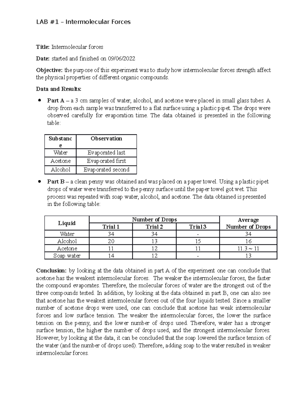 Lab #1 - Intermolecular forces - LAB #1 – Intermolecular Forces Title ...