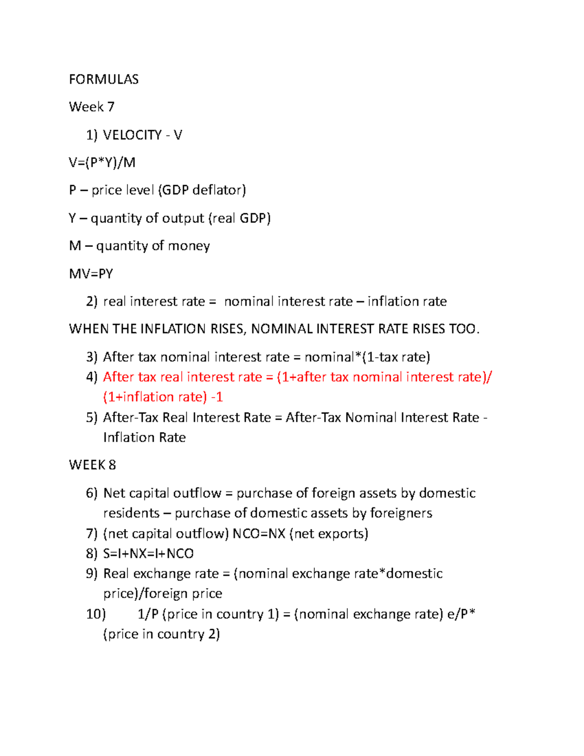 Formulas - FORMULAS Week 7 1) VELOCITY - V V=(PY)/M P – price level ...