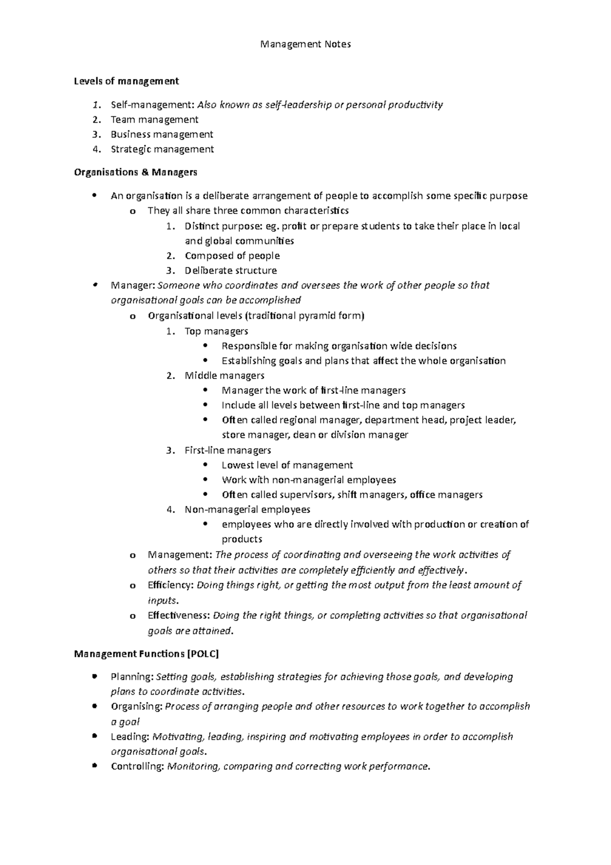 Management Notes - Levels of management Self-management: Also known as ...