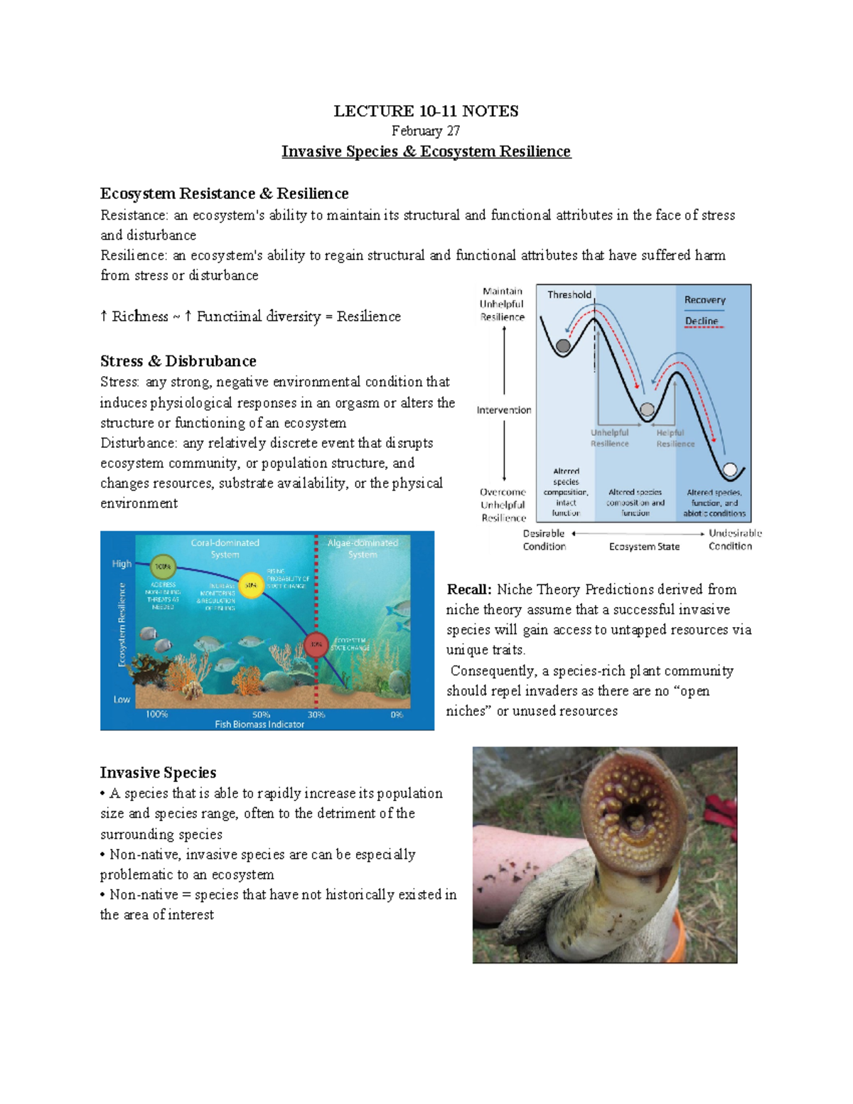 ERSC Lec 11-12 - LECTURE 10-11 NOTES February 27 Invasive Species ...