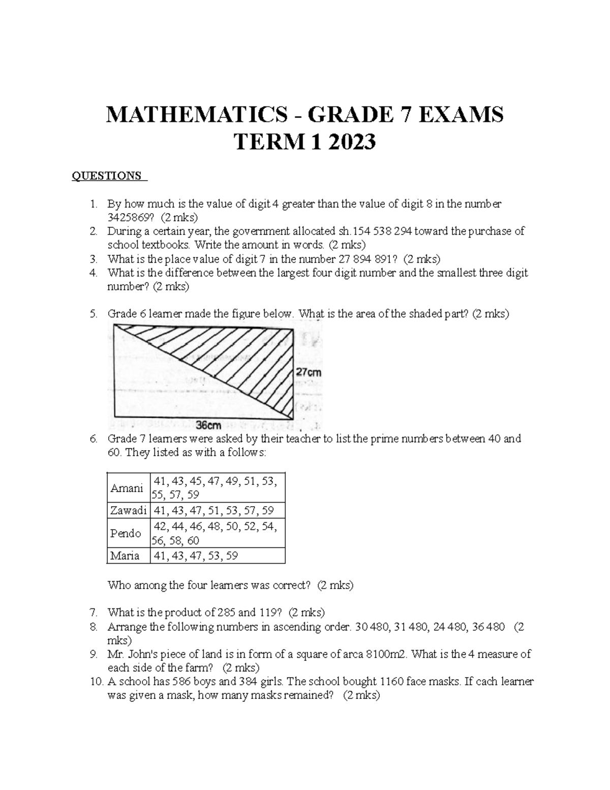 Mathematics- Grade-7 - exama - MATHEMATICS - GRADE 7 EXAMS TERM 1 2023 ...