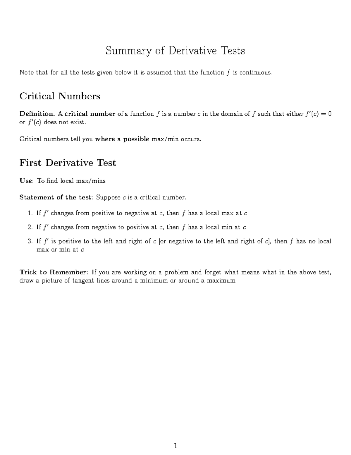 Derivative Test - Summary of Derivative Tests Note that for all the ...