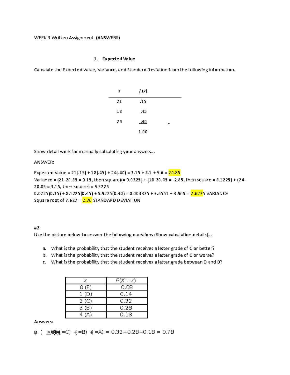 DS 301 F23 Week 3 Written answer-1 - WEEK 3 Written Assignment (ANSWERS) Expected Value ...