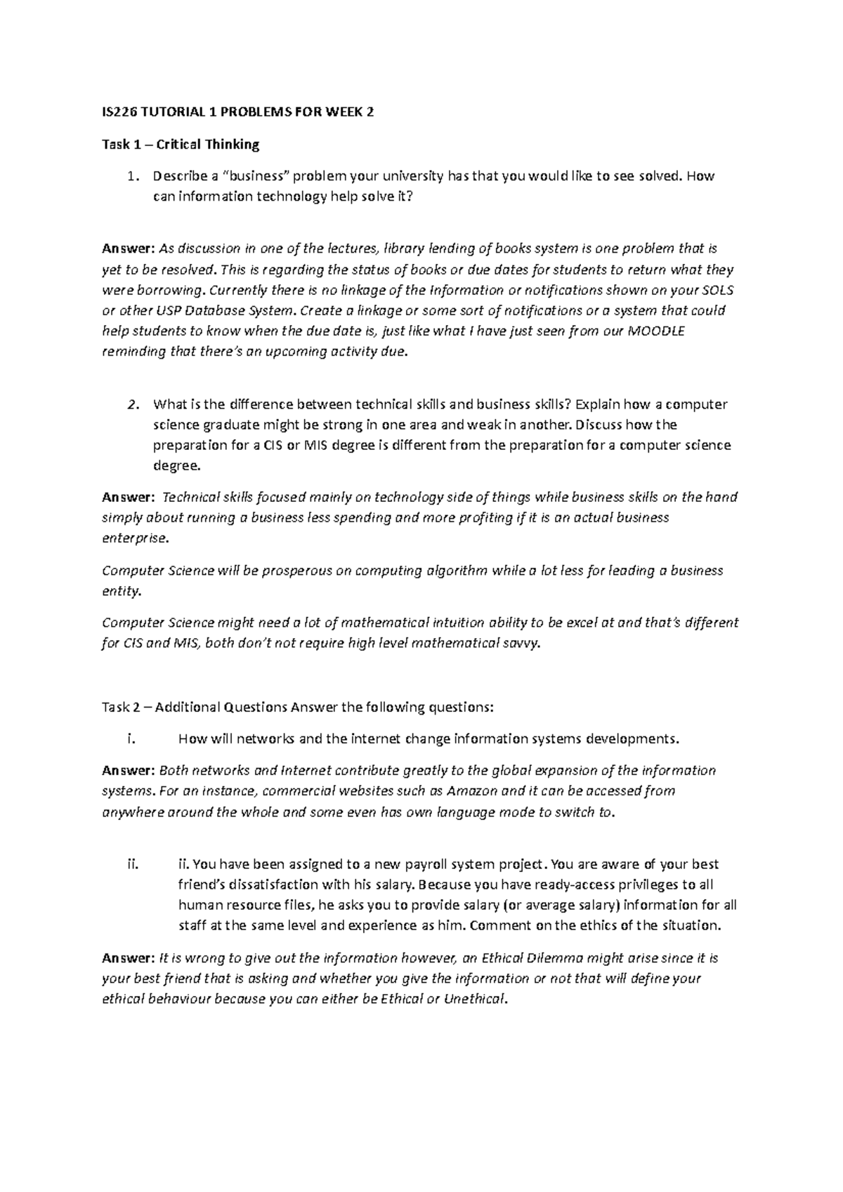 IS226 Tutorial 1 Problems FOR WEEK 2 - IS226 TUTORIAL 1 PROBLEMS FOR WEEK 2 Task 1 – Critical ...