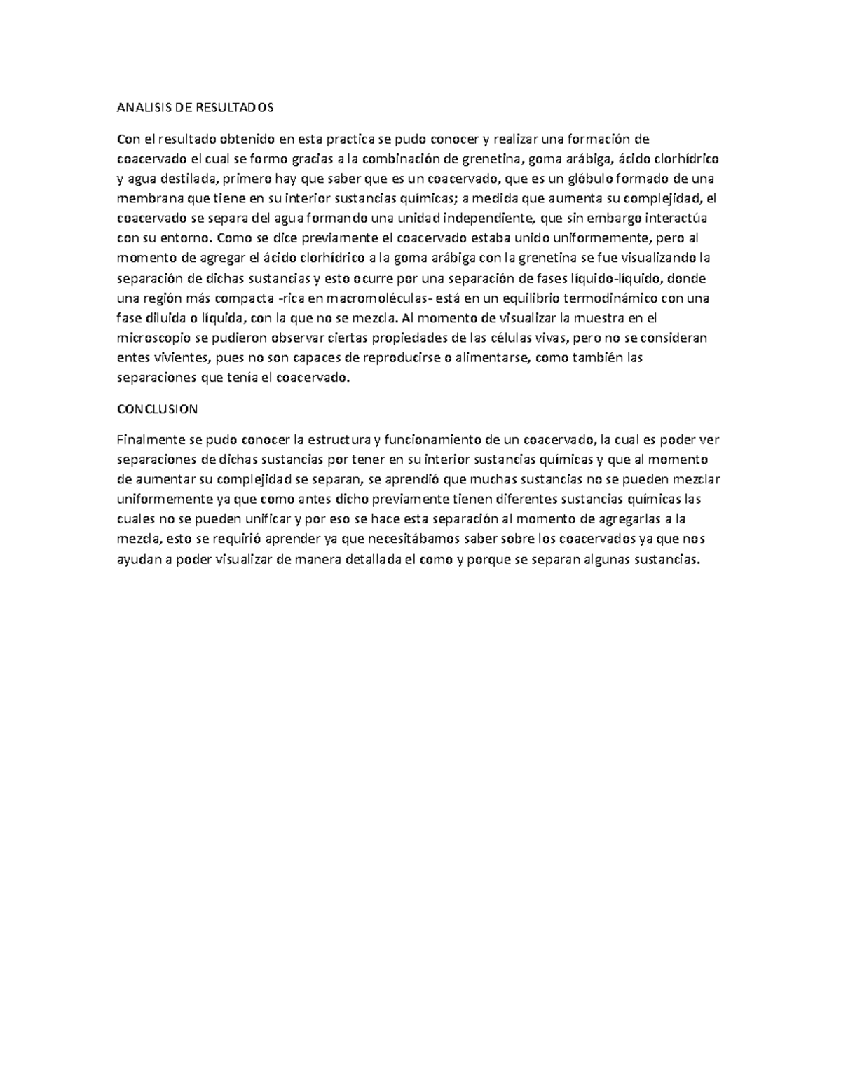 Coacervado prac 3 - analisis de resultado practica 3 - ANALISIS DE ...