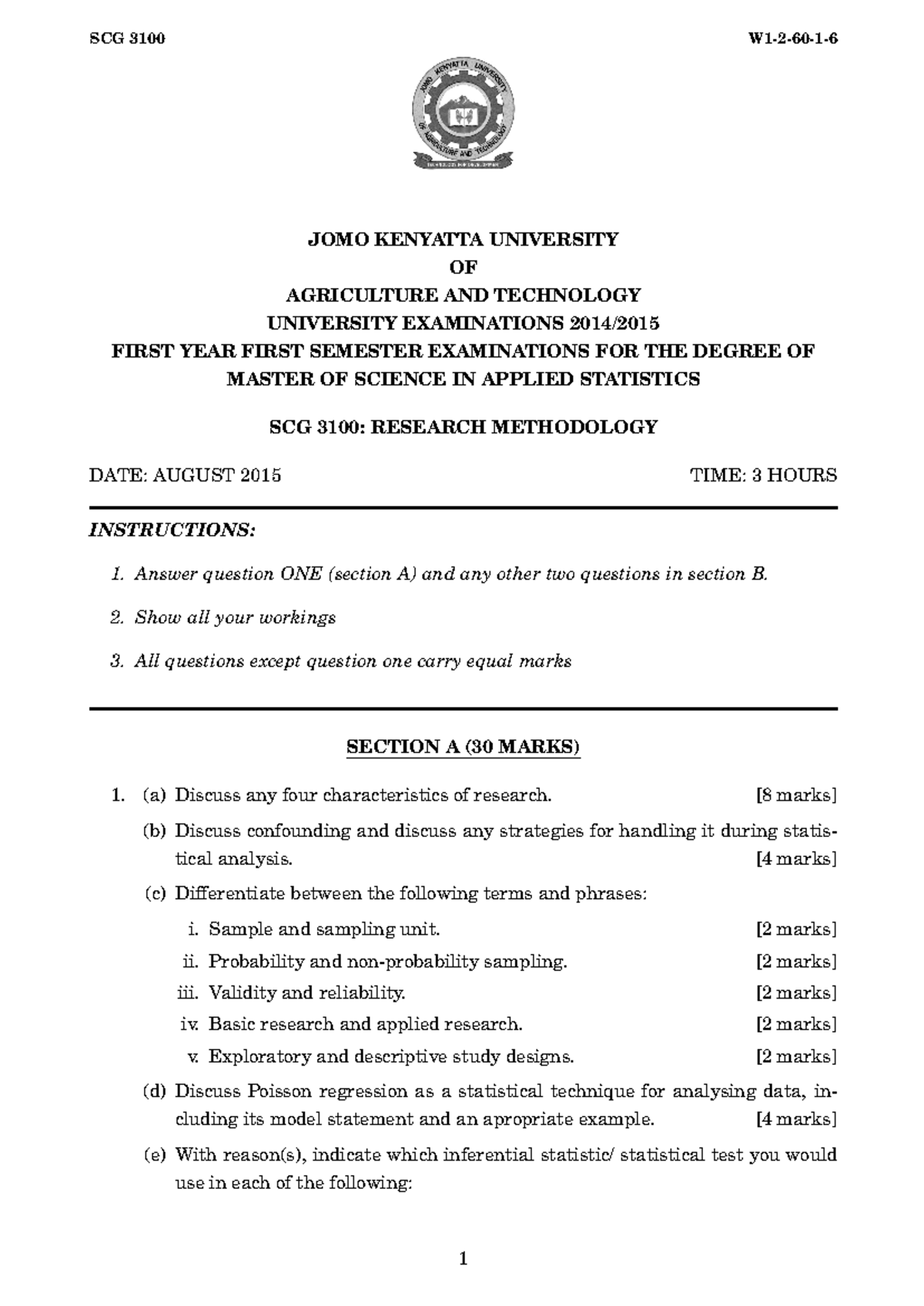 Sta 2491 August 2014 exam - SCG 3100 W1-2-60-1- JOMO KENYATTA ...