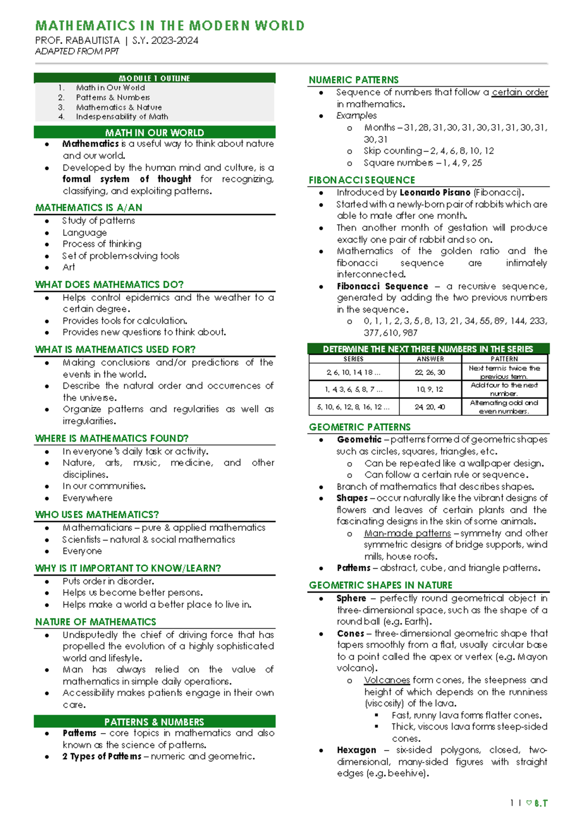 MMW Midterm - nind - PROF. RABAUTISTA | S. 2023- 2024 ADAPTED FROM PPT MODULE 1 OUTLINE 1. Math ...