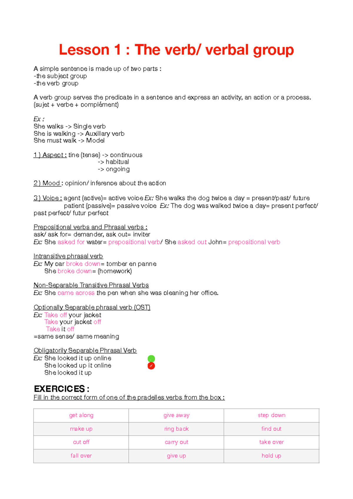 THE VERB : Verbal Group - Lesson 1 : The verb/ verbal group A simple ...