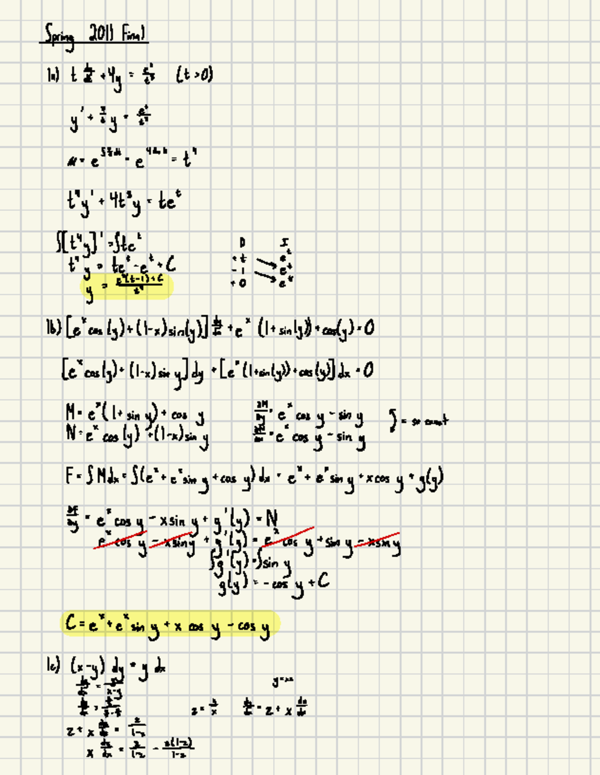 Spring 2011 Final Answers - ####### Spring 2011 Final (a) t + My : (t ...