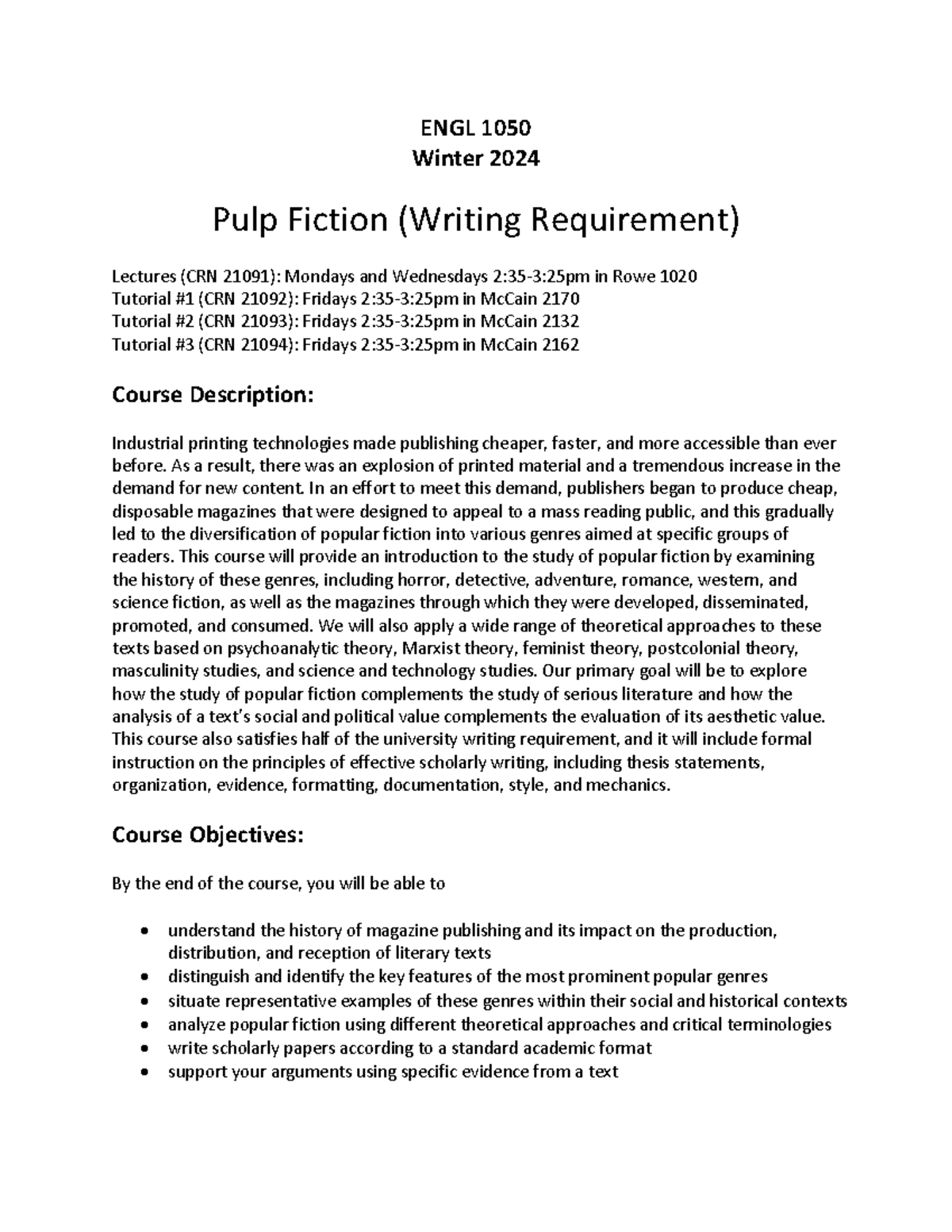 ENGL 1050 Syllabus - ENGL 1050 Winter 2024 Pulp Fiction (Writing ...