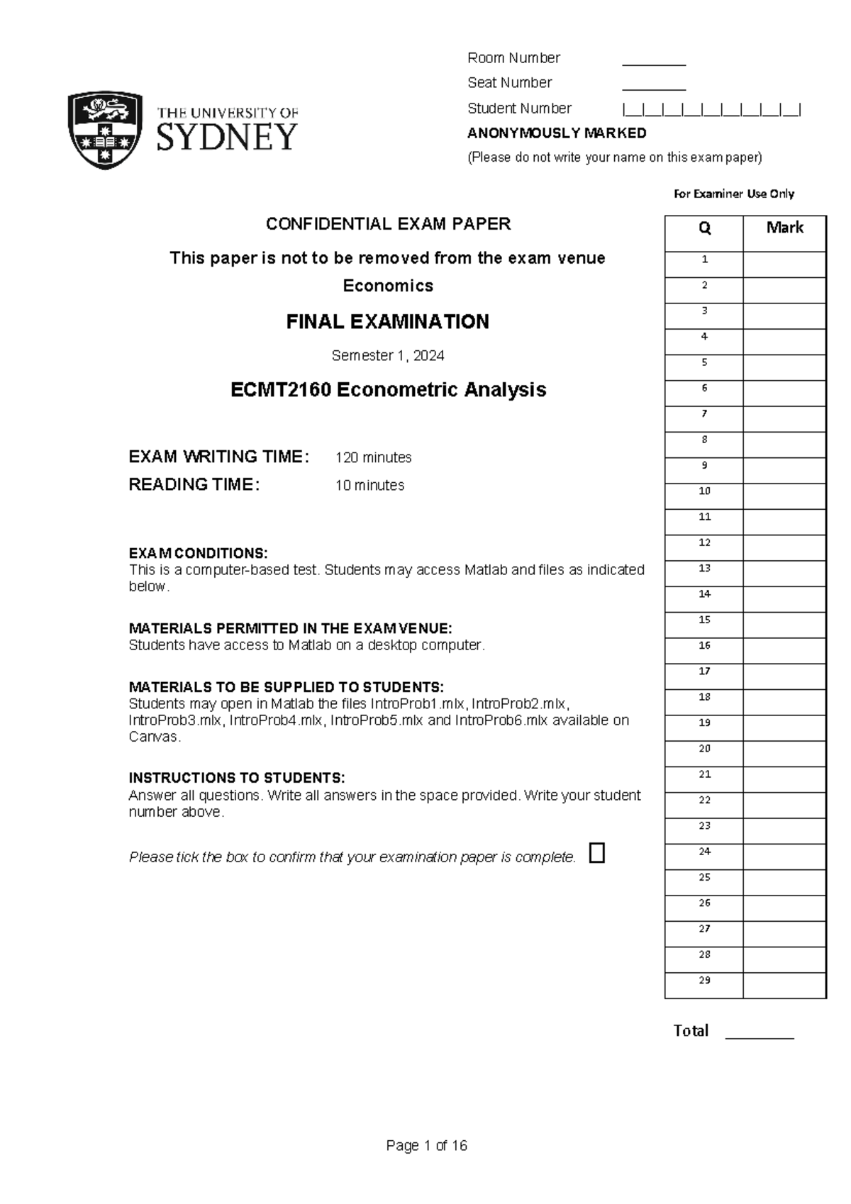 Practice Final Exam - CONFIDENTIAL EXAM PAPER This paper is not to be ...