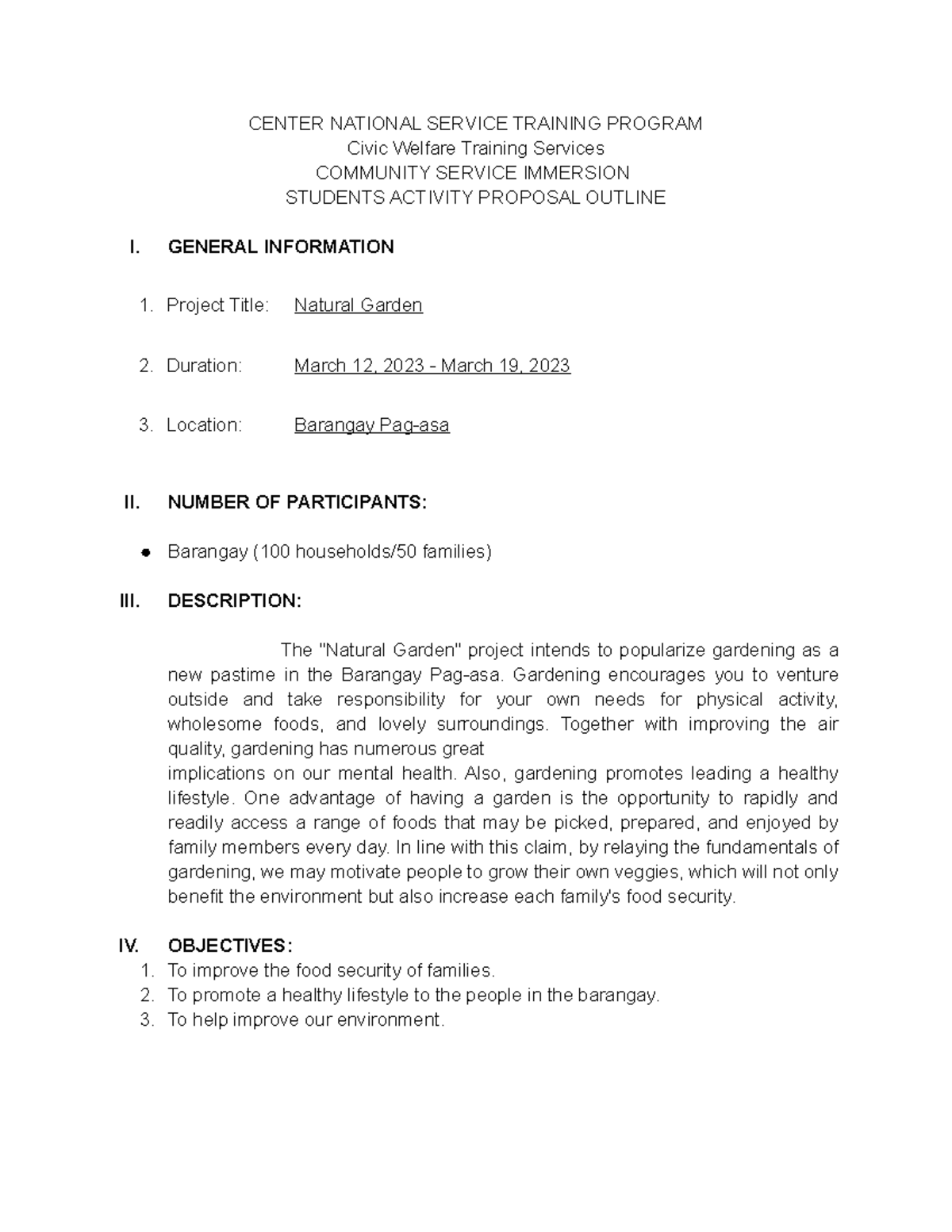 NSTP Project Proposal Outline Planting - CENTER NATIONAL SERVICE ...