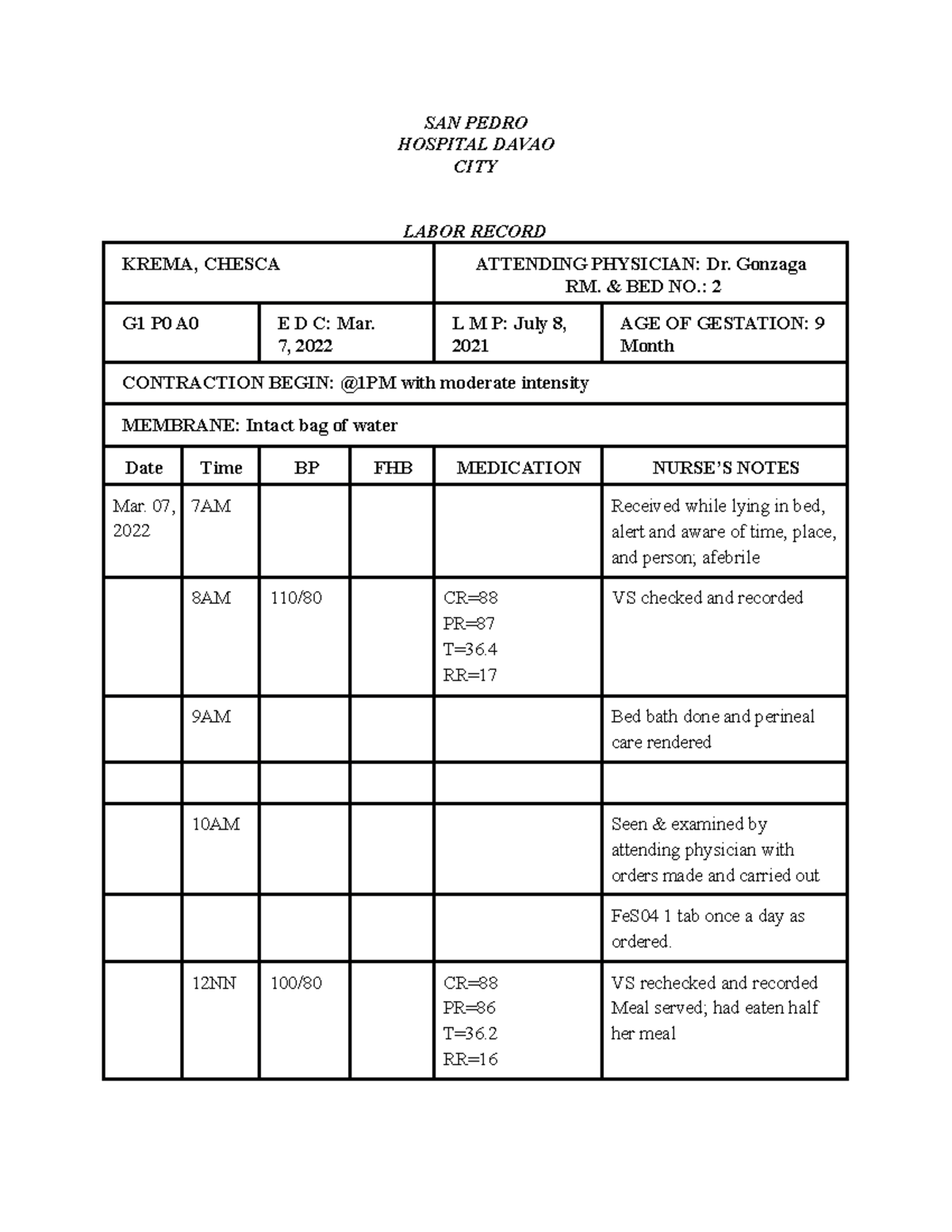 Lazarte Nurse'S Notes - A sample - SAN PEDRO HOSPITAL DAVAO CITY LABOR ...