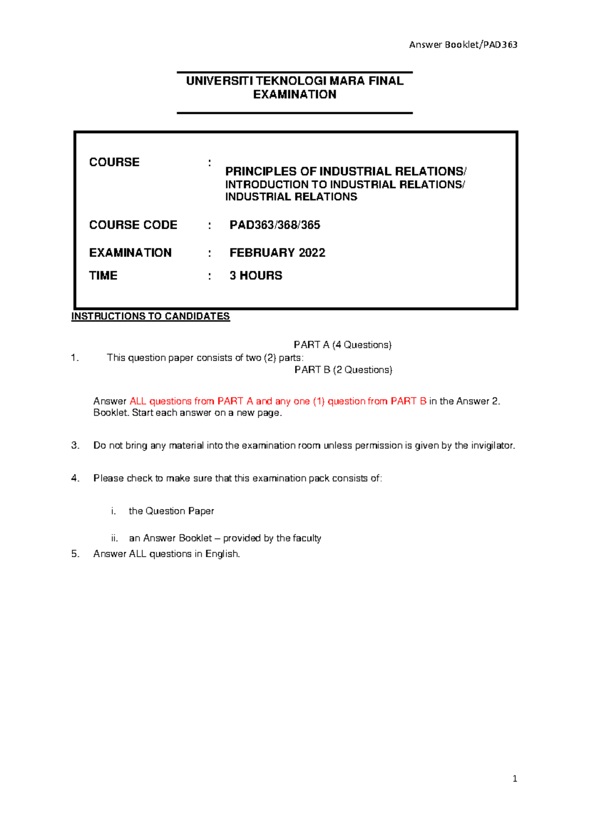 PAD363 FINALS - UITM - Trade Union - UiTM - Studocu