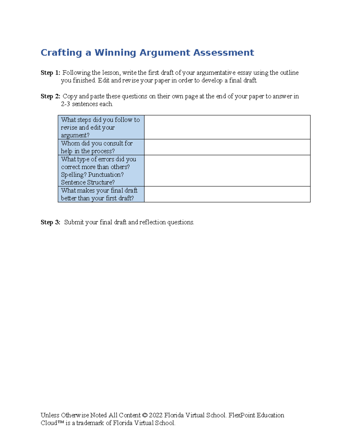 Crafting argument assess rubric - Crafting a Winning Argument ...