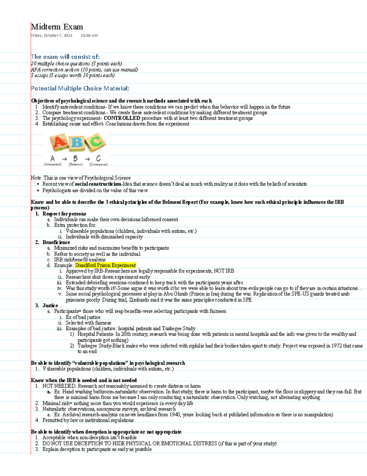 PSYCH 213W-Midterm Review - The exam will consist of: 20 multiple choice questions (3 points ...
