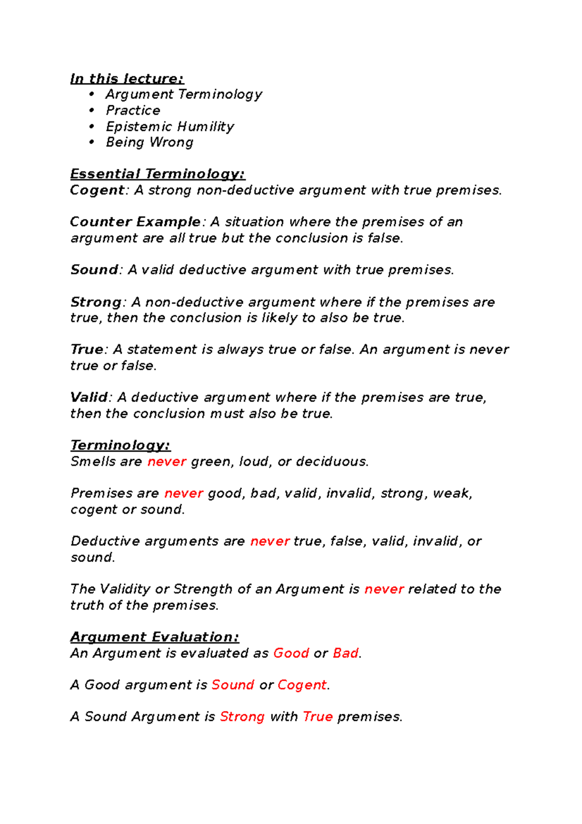 Argument Evaluation 5 - notes - In this lecture: Argument Terminology ...