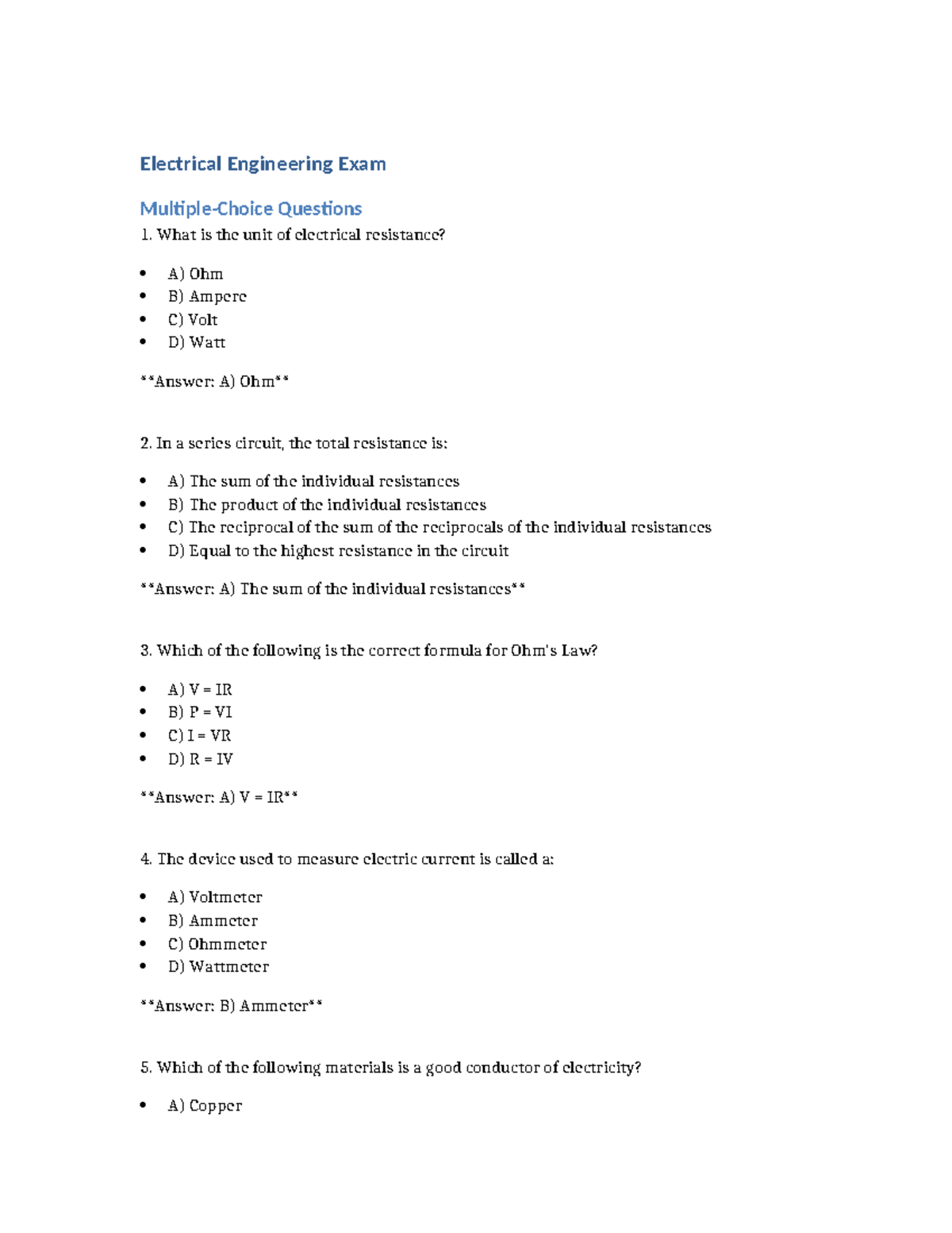 Electrical Engineering Exam - Electrical Engineering Exam Multiple-Choice Questions 1. What is ...