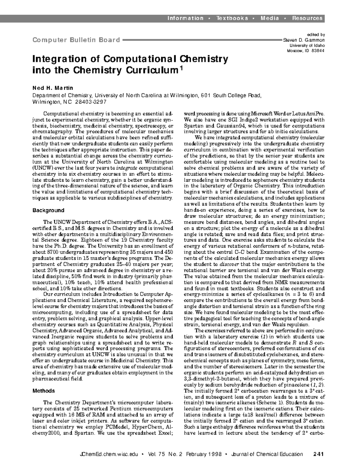 Integration of Computational Chemistry into the Chemistry Curriculum ...