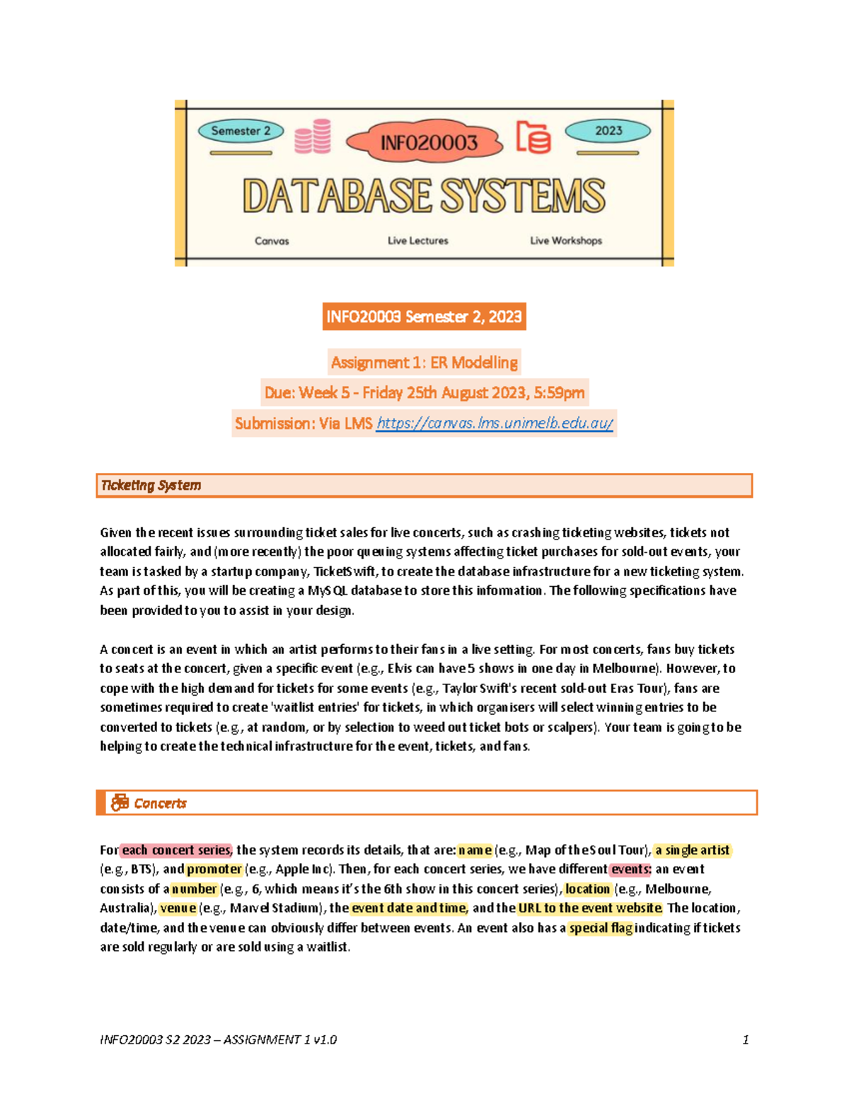 INFO20003 Semester 2, 2023 Assignment 1: ER Modelling Ticket Swift - INFO2 0003 Semester 2 ...