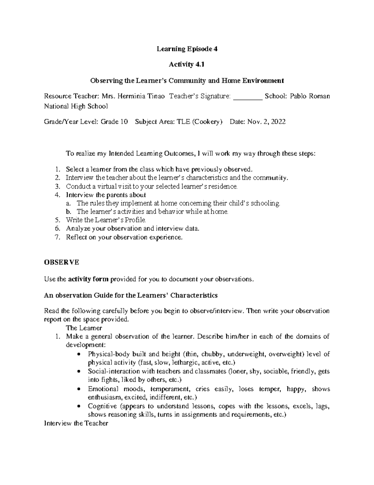 Geraldine Hipolio - FS-1-Learning-Episode-4-Activity-4 - Learning Episode 4 Activity 4 ...