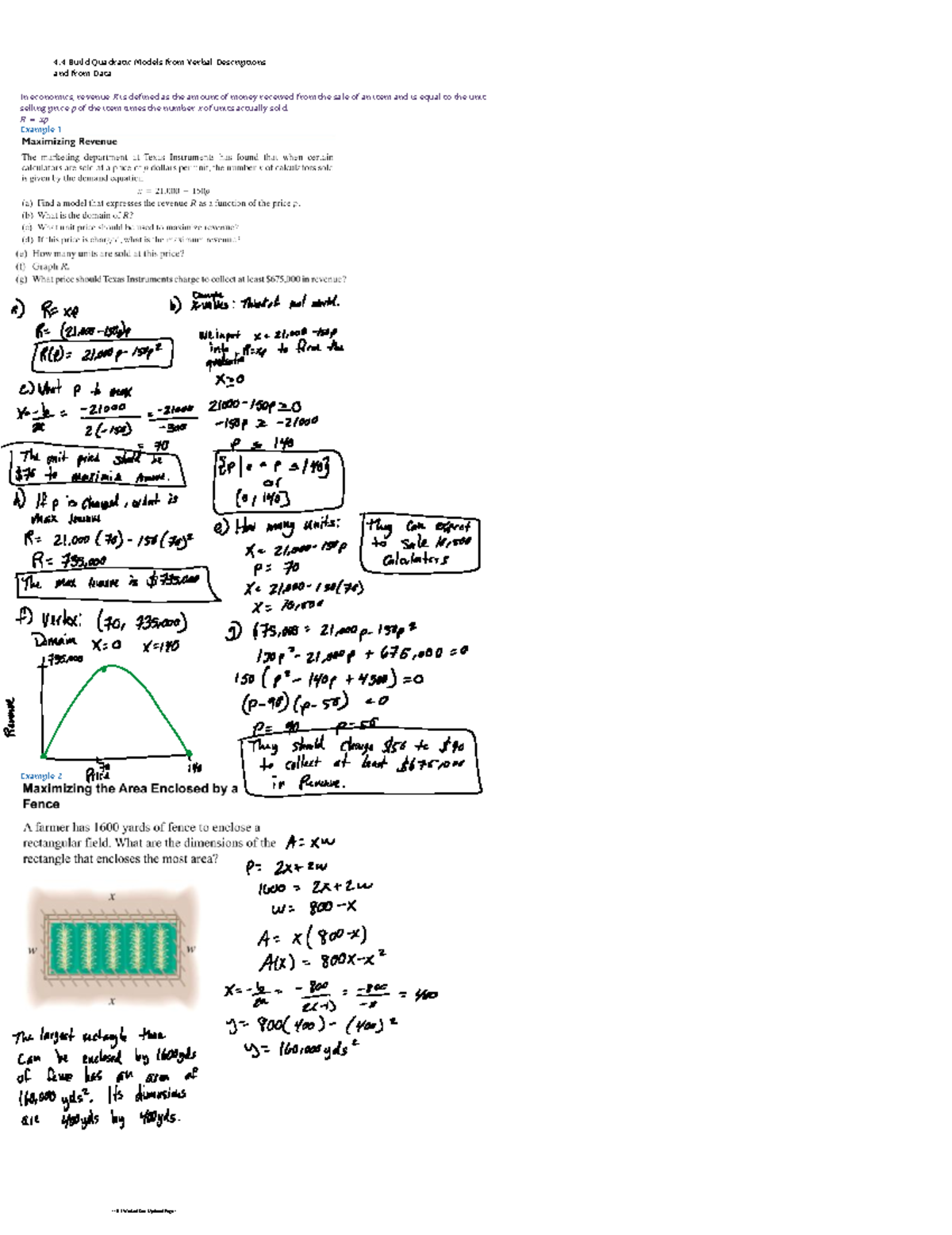 4.4 Build Quadratic Models from Verbal Descriptions and from Data - In economics, revenue Ris ...