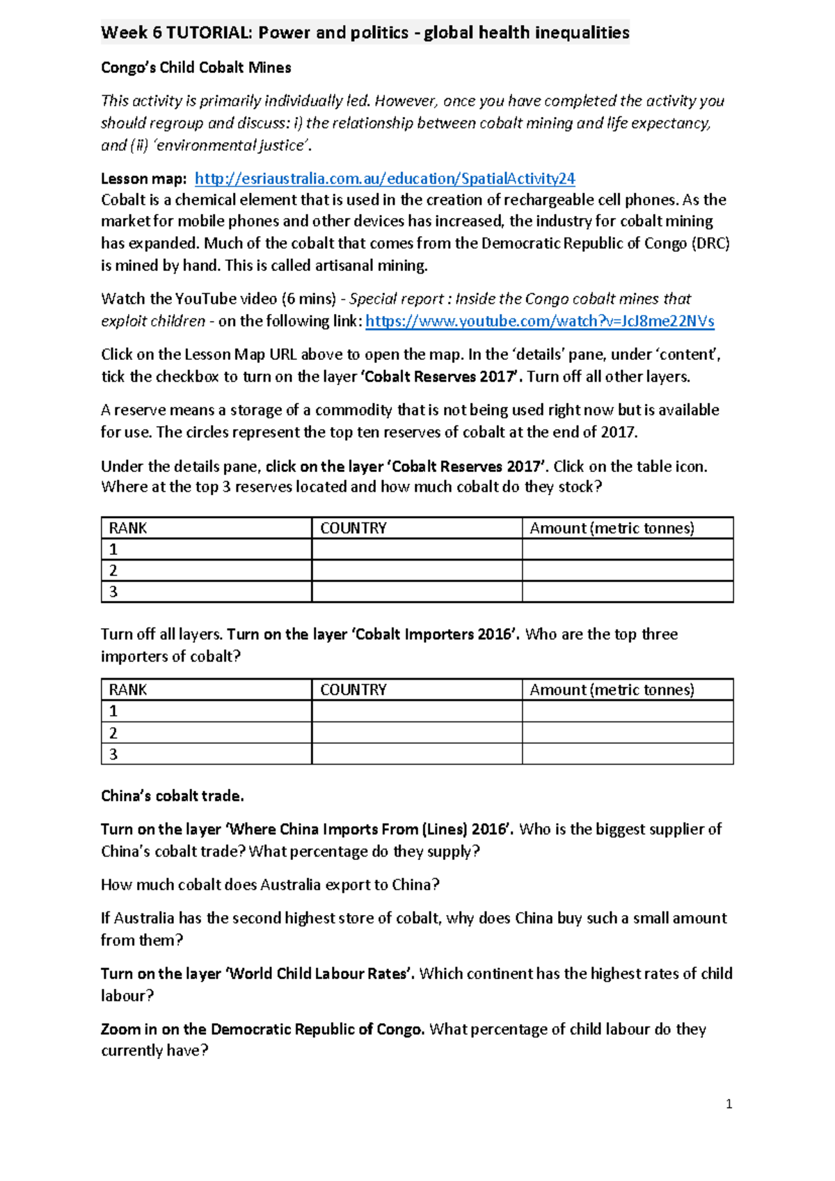 WK 6 tutorial 2024 - tut 6 - 1 Week 6 TUTORIAL: Power and politics - global health inequalities ...