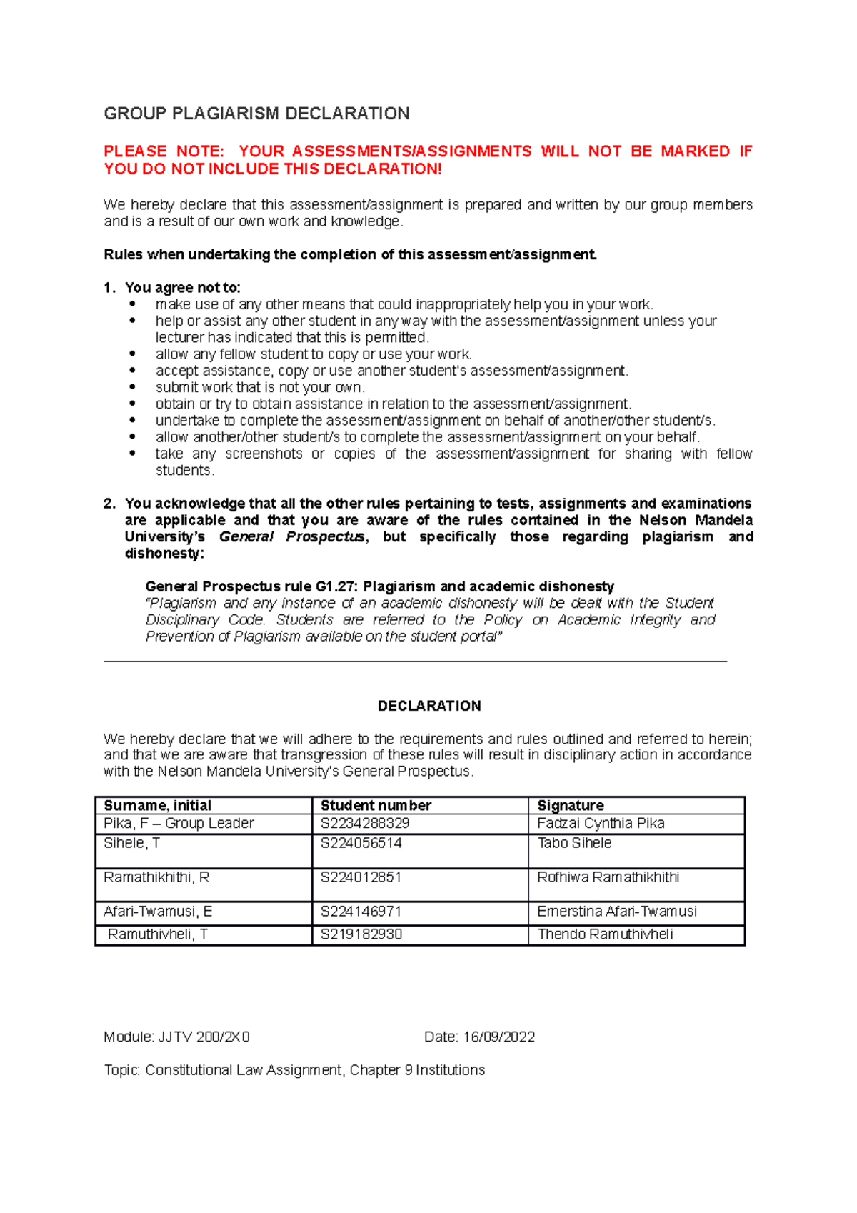 Opinion facts and issues - GROUP PLAGIARISM DECLARATION PLEASE NOTE ...