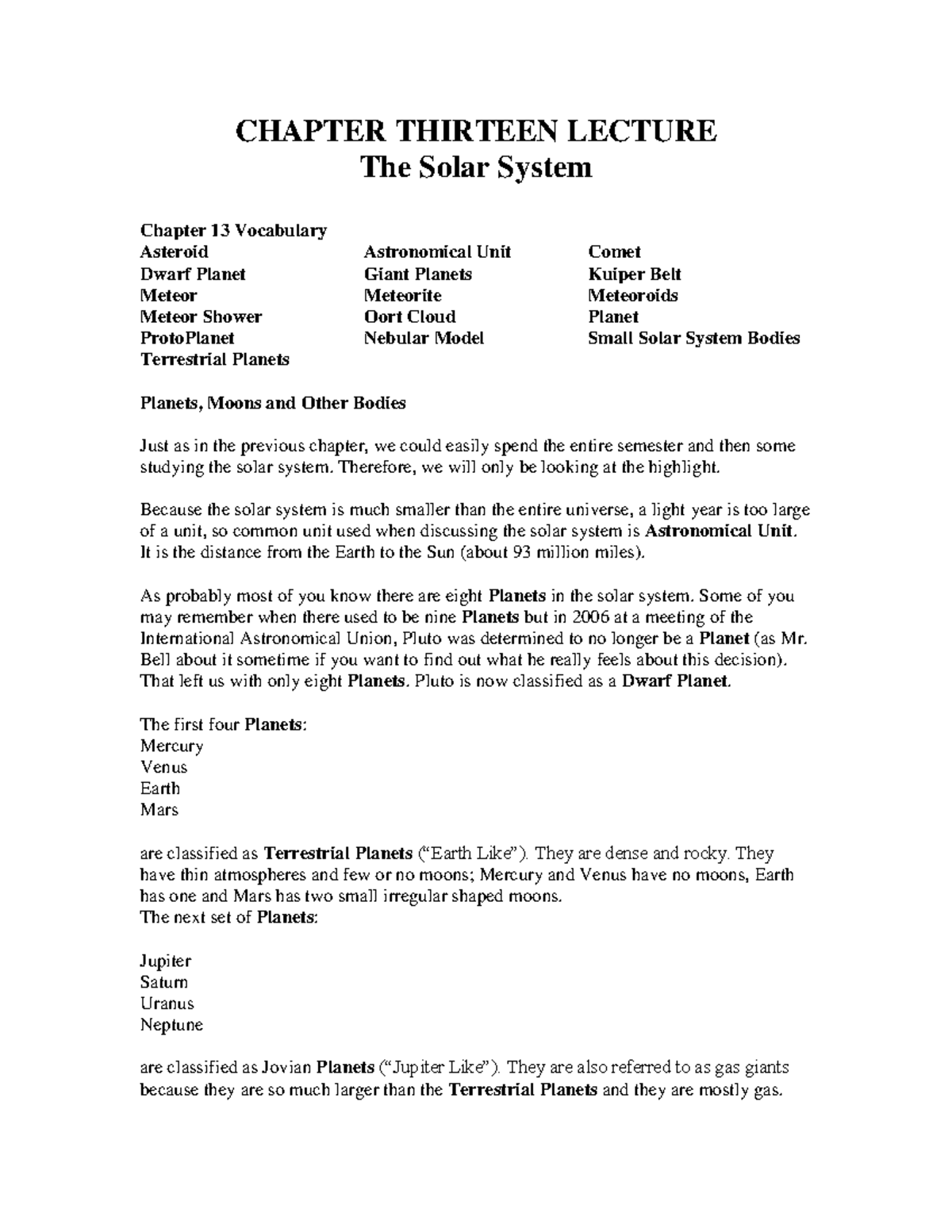 Chapter 13 Lecture Notes on the Solar System - CHAPTER THIRTEEN LECTURE ...