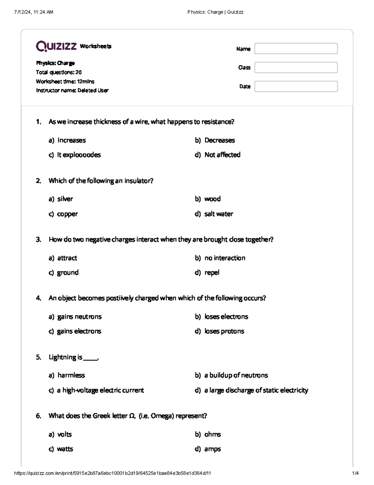 Quizizz - Physics Charge - Worksheets Physics: Charge Total questions ...