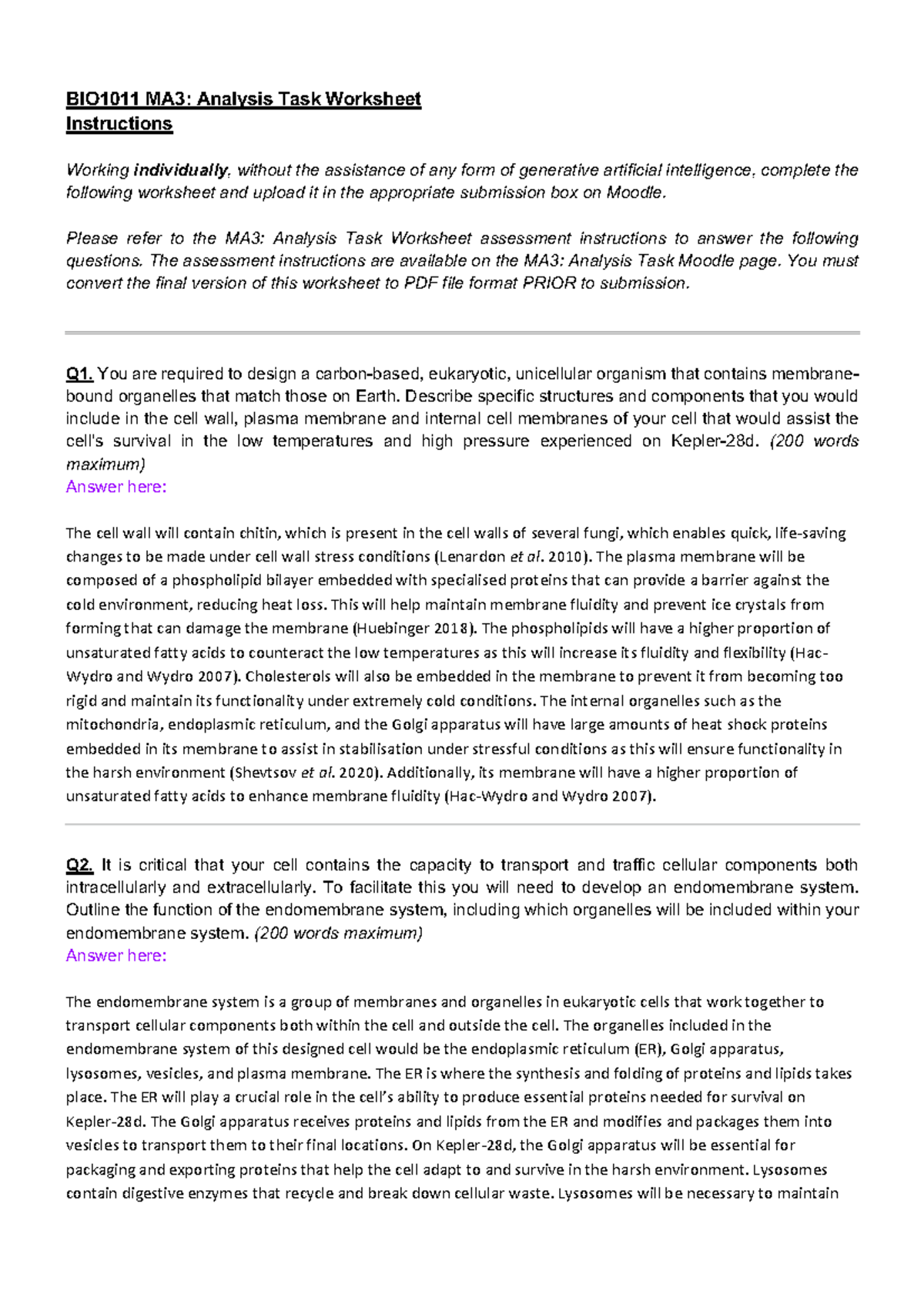 Biology Task - BIO1011 MA3: Analysis Task Worksheet Instructions Working individually, without ...