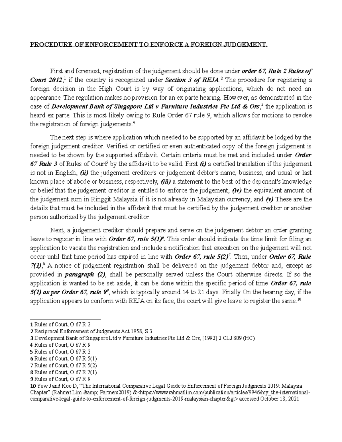 Procedure OF Enforcement OF A Foreign Judgement - PROCEDURE OF ...