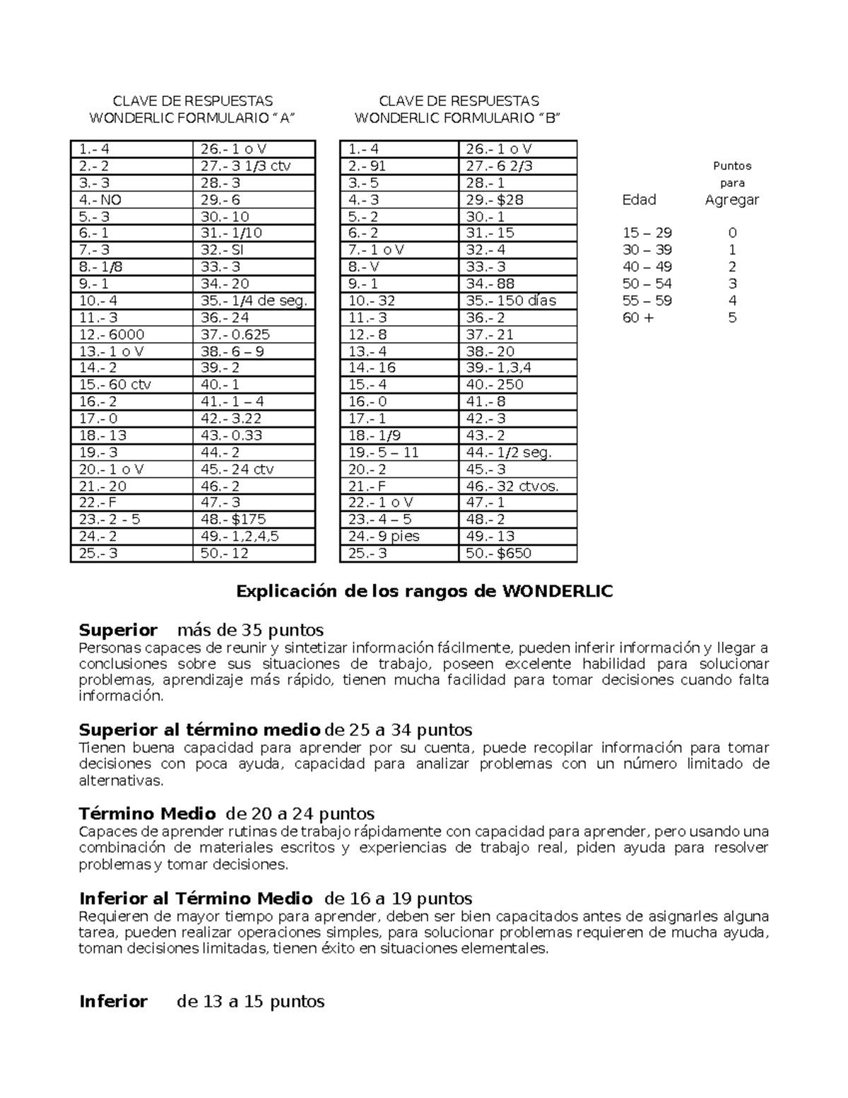 Idoc - dss - CLAVE DE RESPUESTAS WONDERLIC FORMULARIO “A” CLAVE DE ...