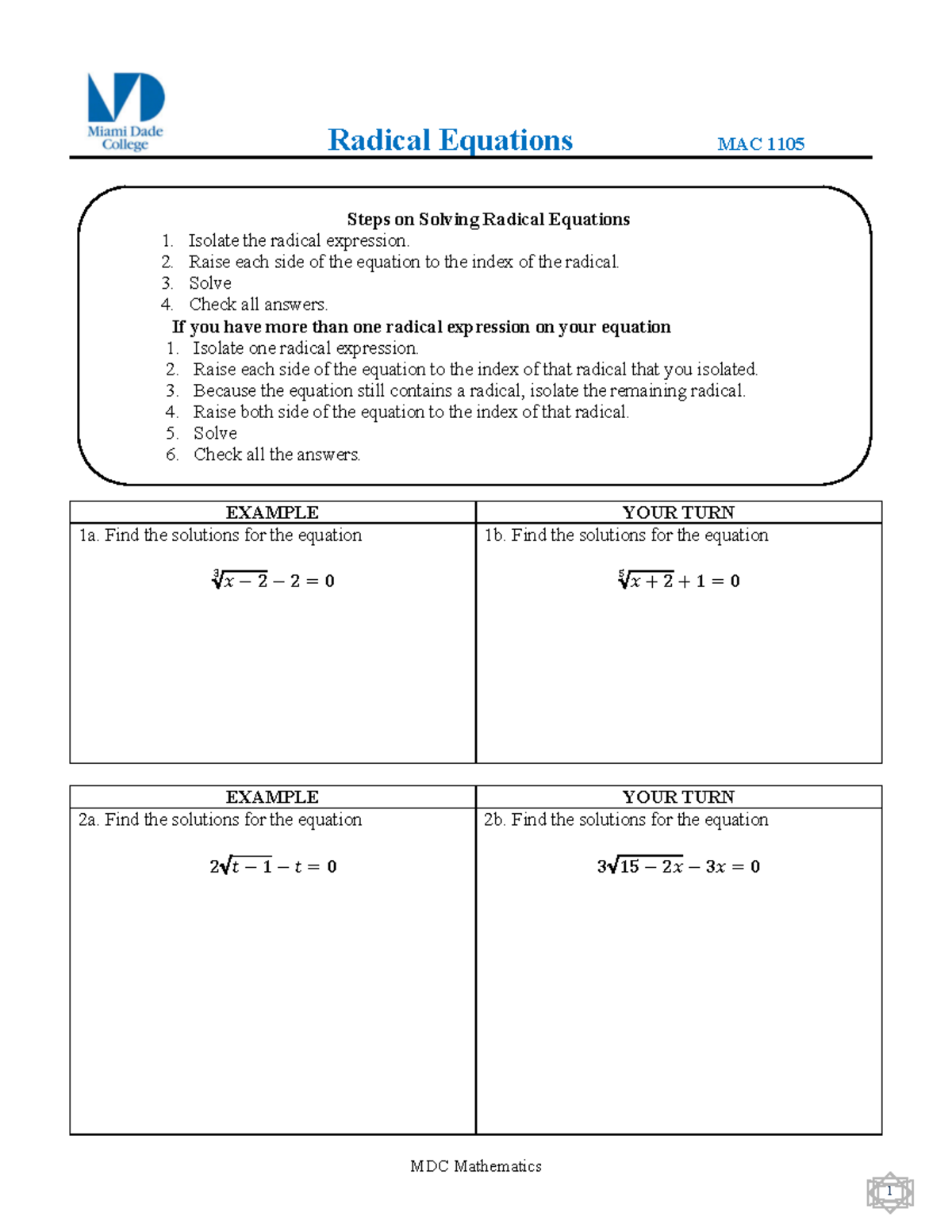 MAC1105Radical Equations Sec - Radical Equations MAC 1105 Steps on ...