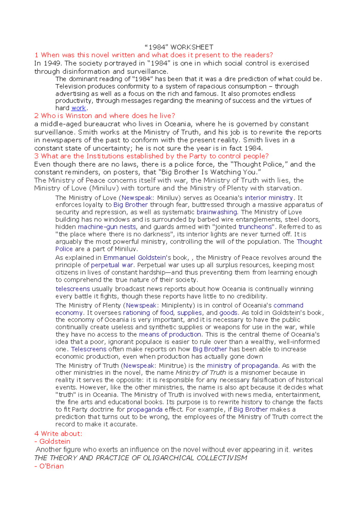 1984 - appunti lezione - “1984” WORKSHEET 1 When was this novel written ...