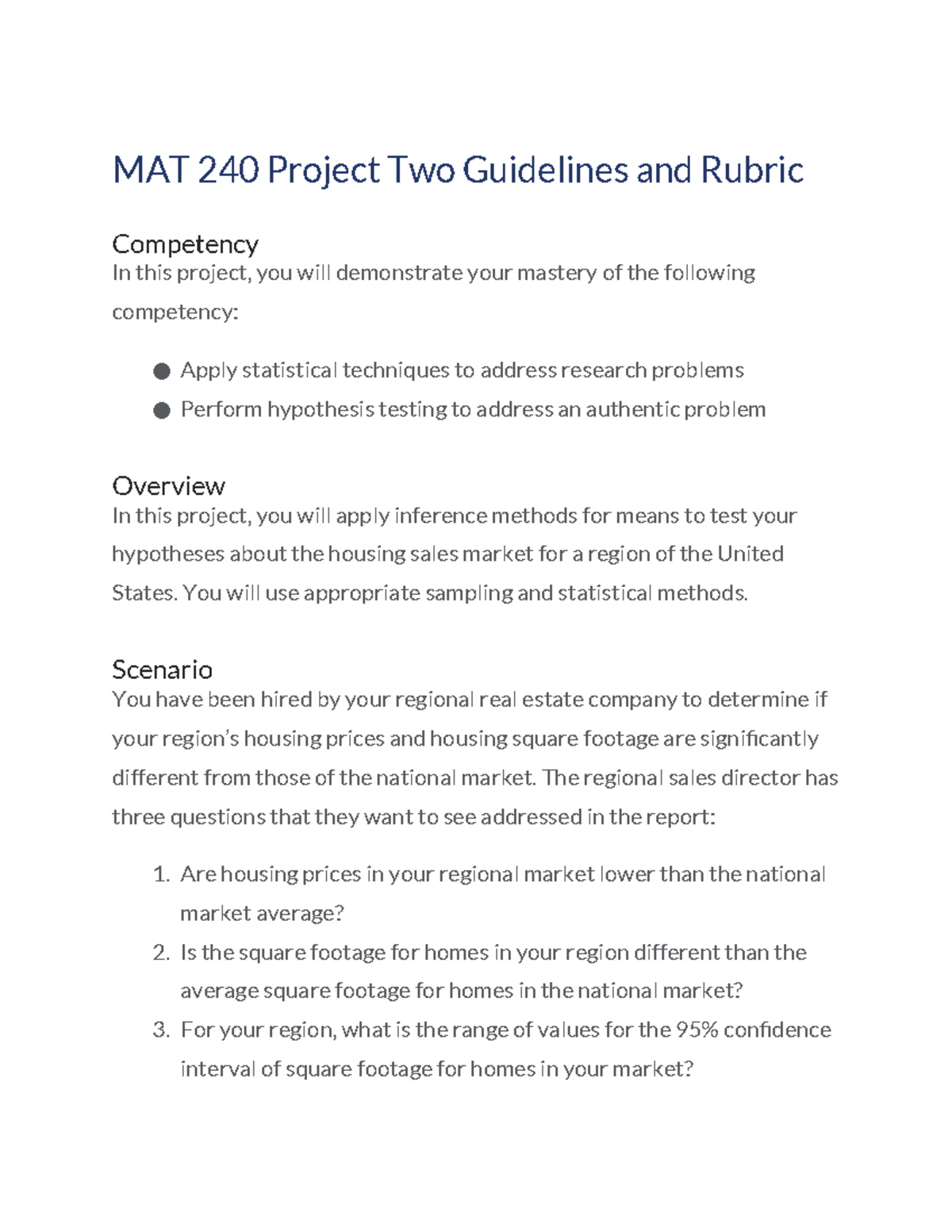 Project 2 guidelines and rubric - MAT 240 Project Two Guidelines and ...