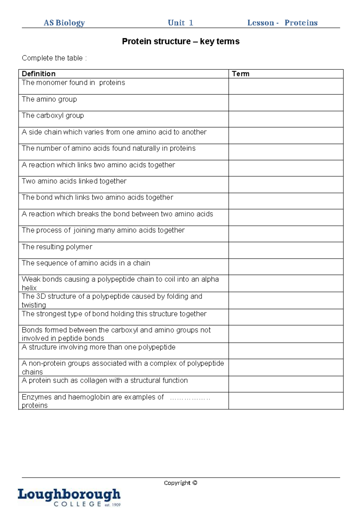 Key terms - proteins - AS Biology Unit 1 Lesson - Proteins Protein ...