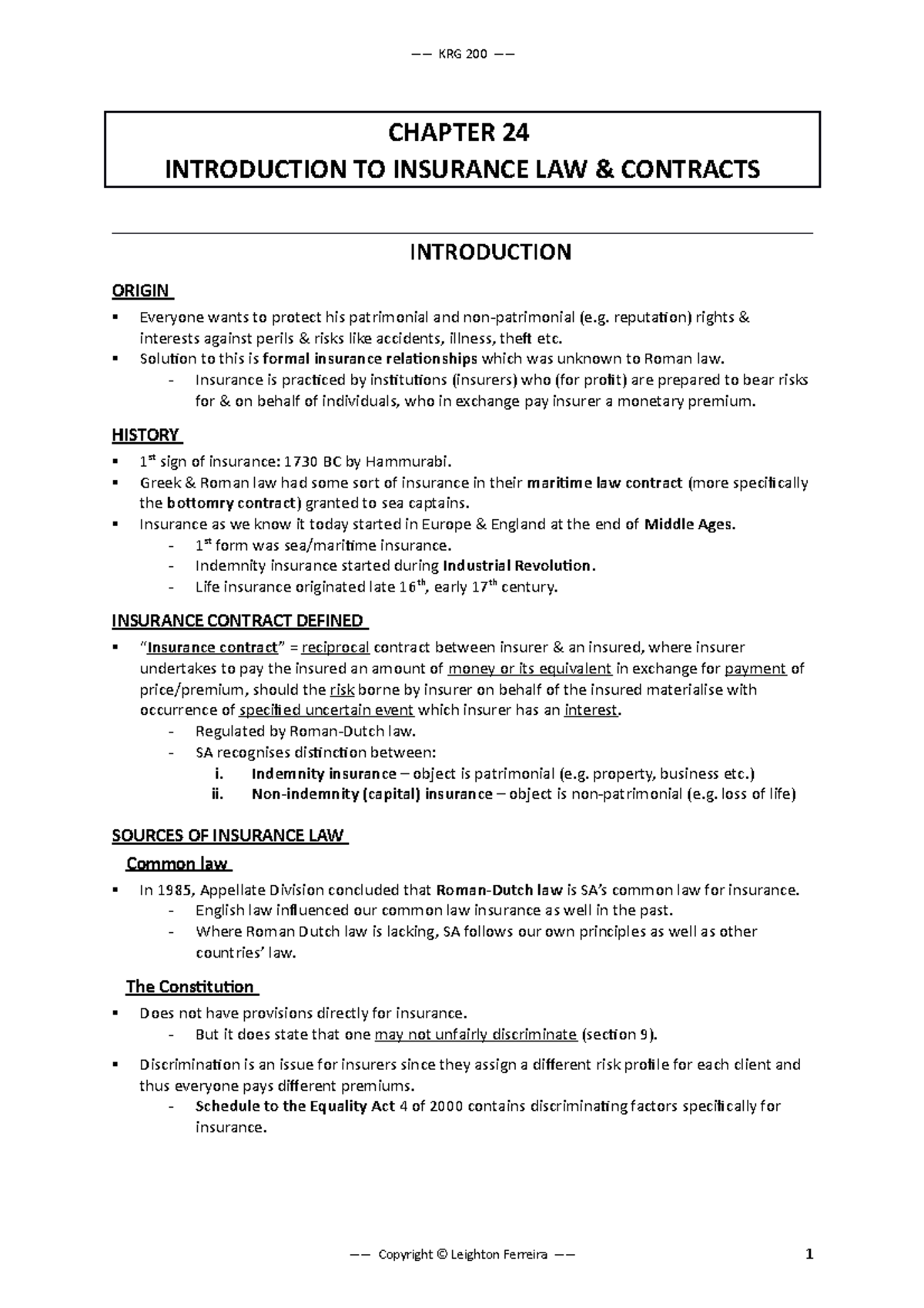 Chapter 24 - KRG200 - CHAPTER 24 INTRODUCTION TO INSURANCE LAW ...