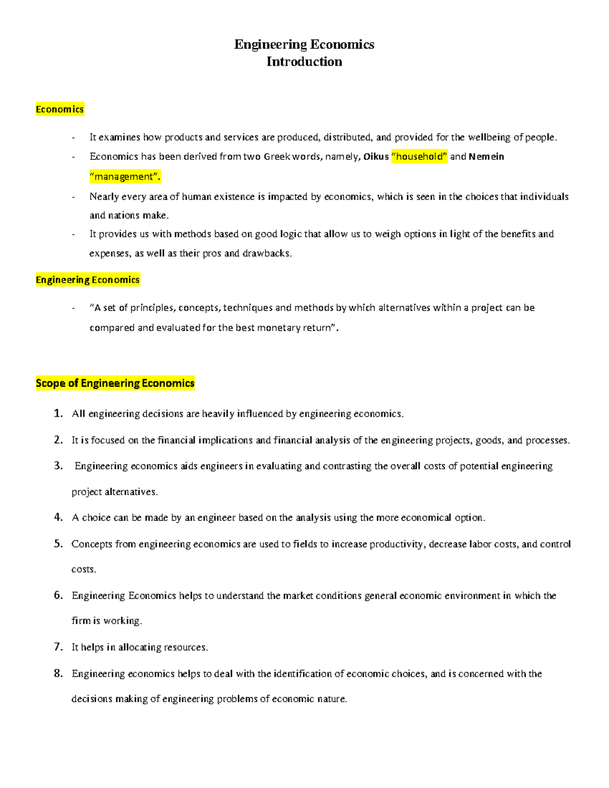 Engineering Economics - Introduction - Notes - Engineering Economics ...