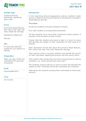 Describing People - para describir personas - TEACHER’S NOTES ...