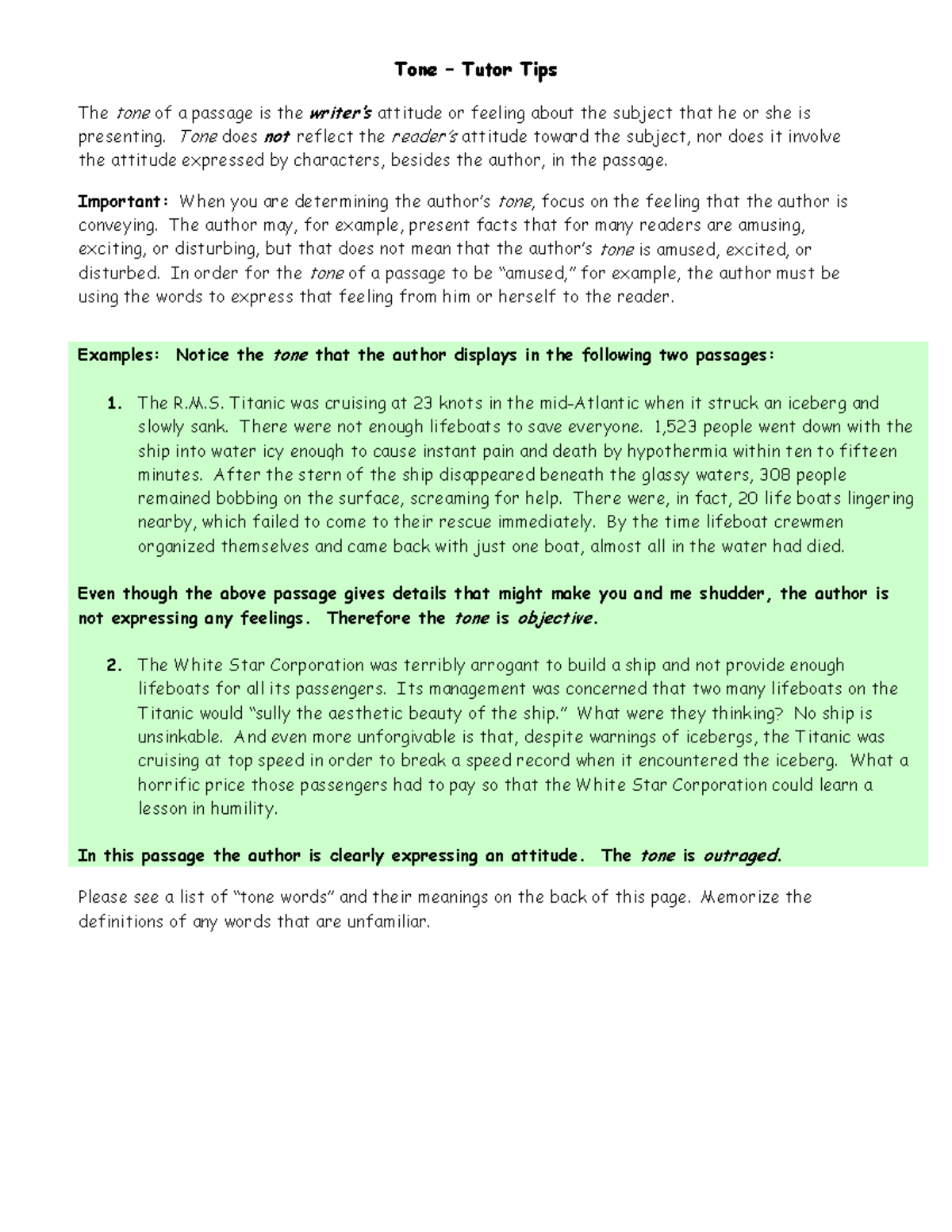 Tone - Practica inglés - Tone – Tutor Tips Thetone of a passage is the ...