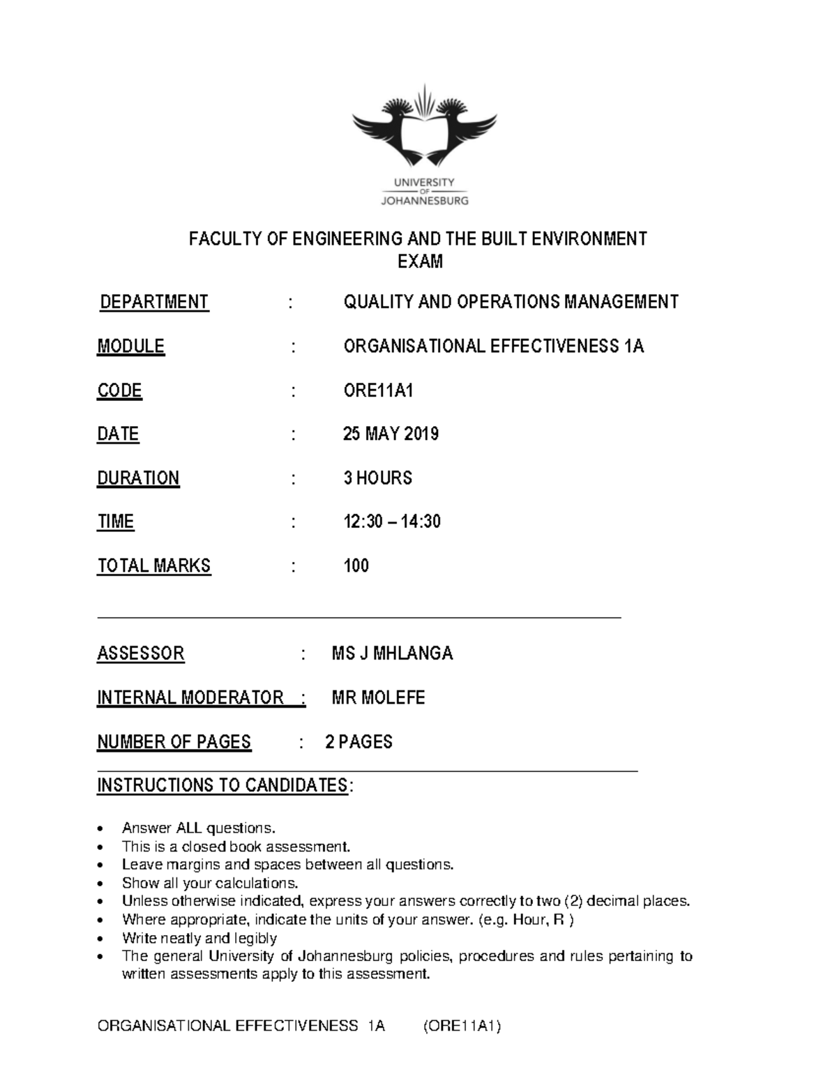 Uj 39006+ Source 1+ Source 1 - ORGANISATIONAL EFFECTIVENESS 1A (ORE11A 1 ) FACULTY OF ...