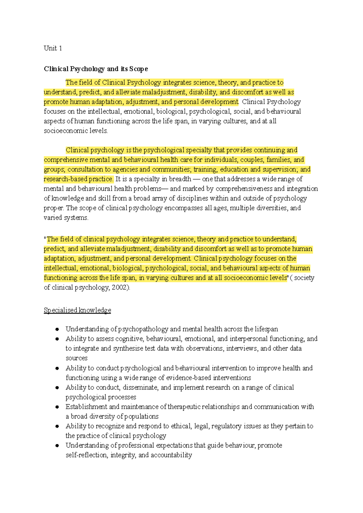 Psychosocial unit 1 - Scope of clinical psychology - Unit 1 Clinical ...