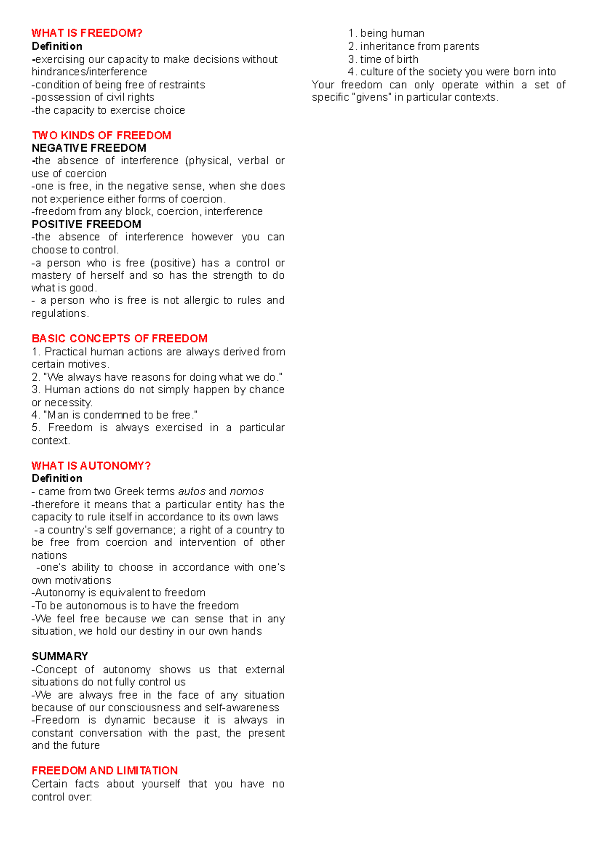 Freedom(handout) - 2EEWE - WHAT IS FREEDOM? Definition exercising our ...