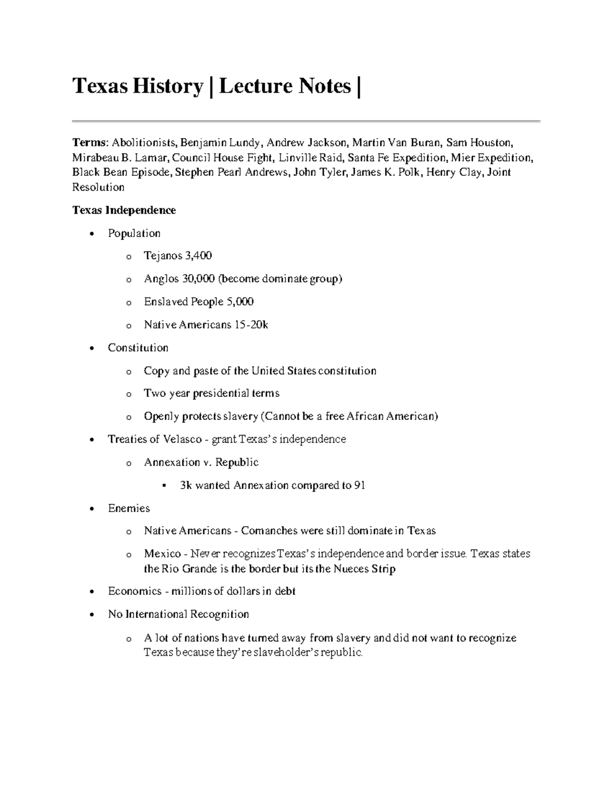 HIST-2301 Notes 6 - Texas History | Lecture Notes | Terms ...