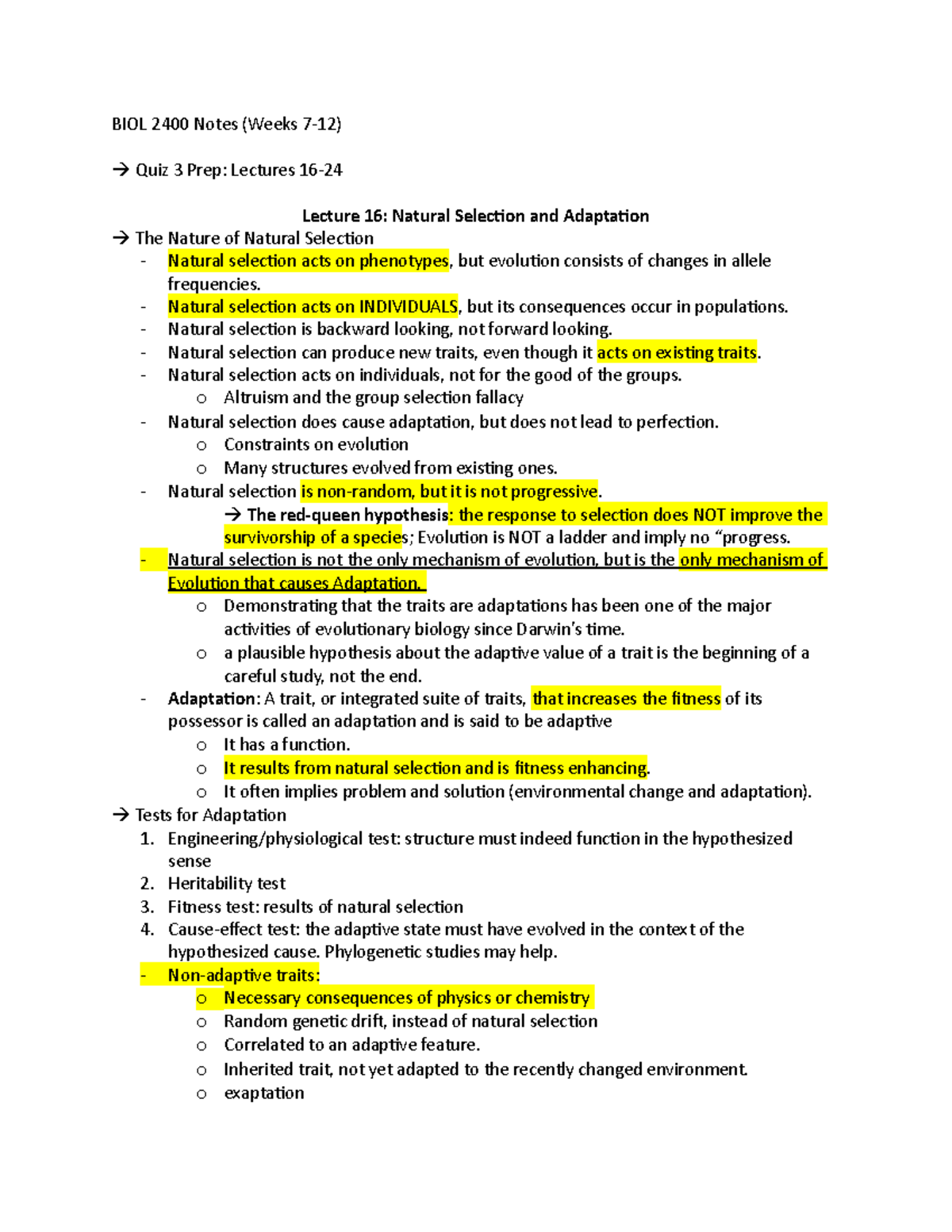 BIOL 2400 Notes Weeks 7-12 - BIOL 2400 Notes (Weeks 7-12) Quiz 3 Prep ...