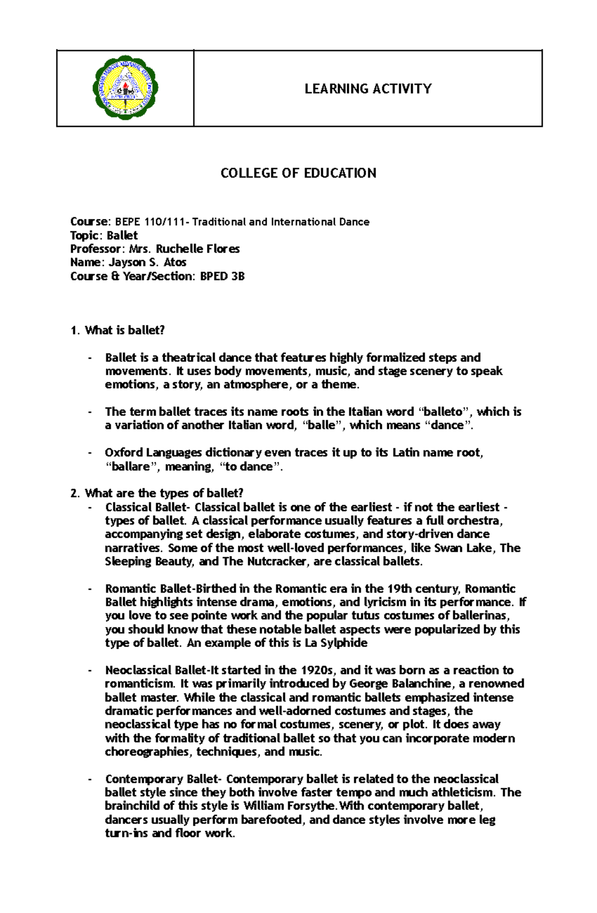 BPED- Learning- Activity- Template - LEARNING ACTIVITY COLLEGE OF ...