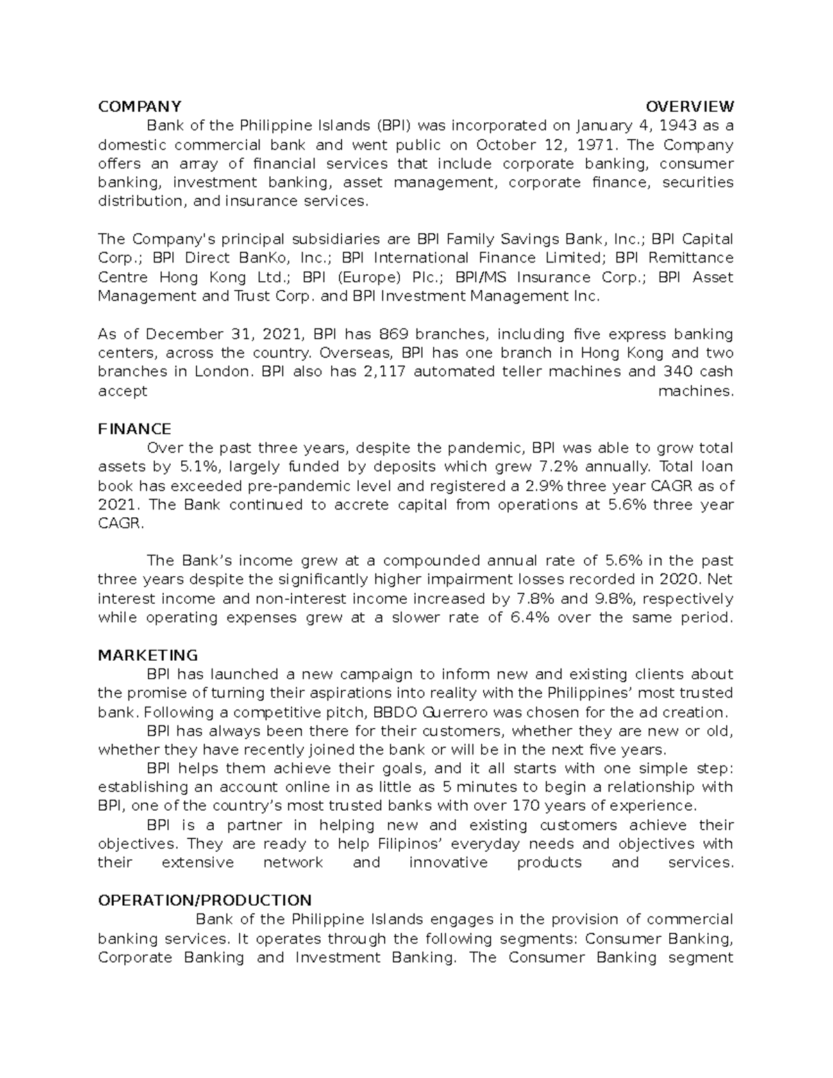 Bank of the Philippine Island - COMPANY OVERVIEW Bank of the Philippine ...