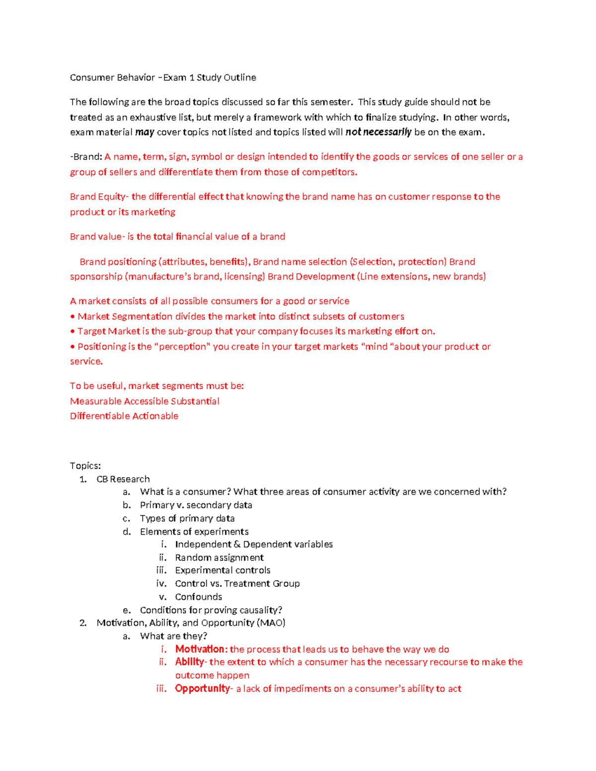 Exam 1 Study Outline - Consumer Behavior –Exam 1 Study Outline The ...