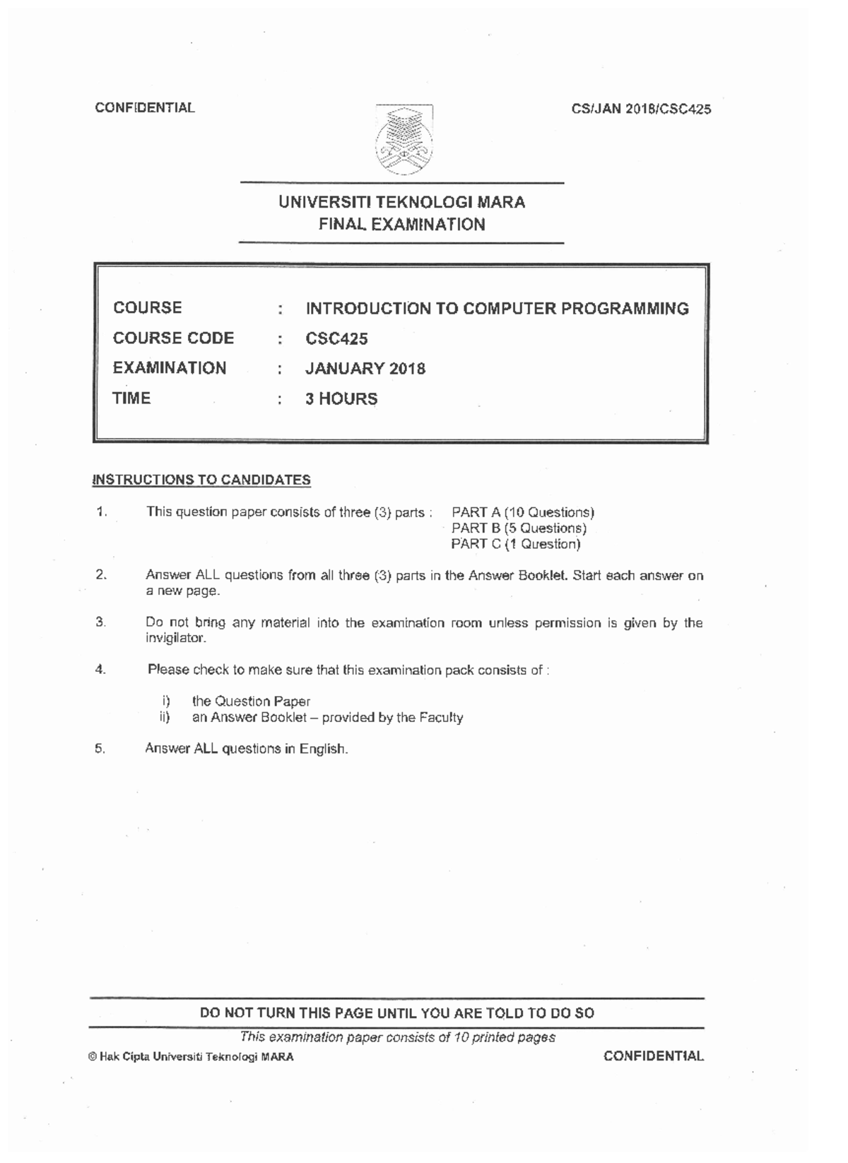CSC425 Past Year 2018 S1 - programming 1 - Studocu